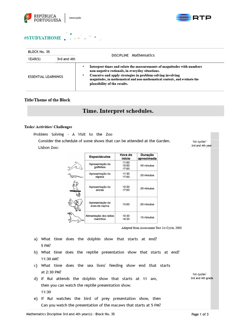 35 - Mathematics - 3rd and 4th Grades - Time. Interpreting Schedules ...
