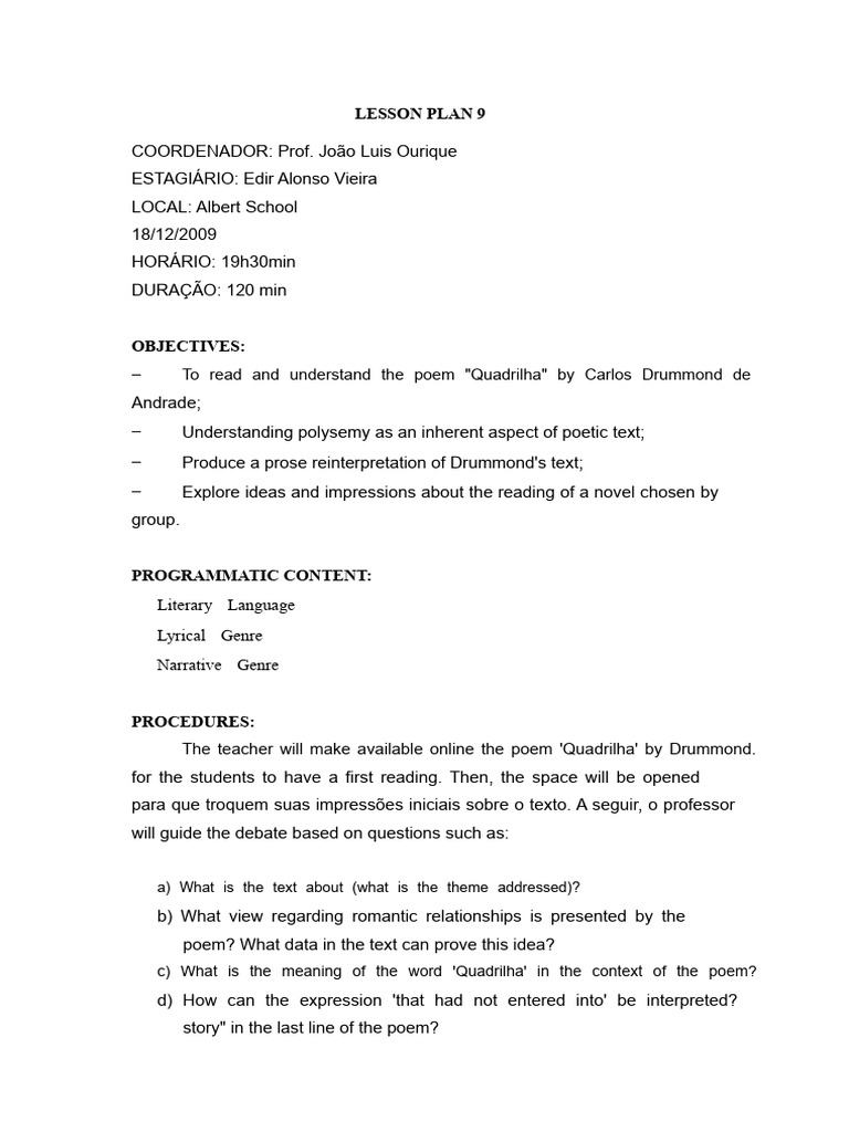 Lesson Plan 9 | PDF | Poetry | Narrative