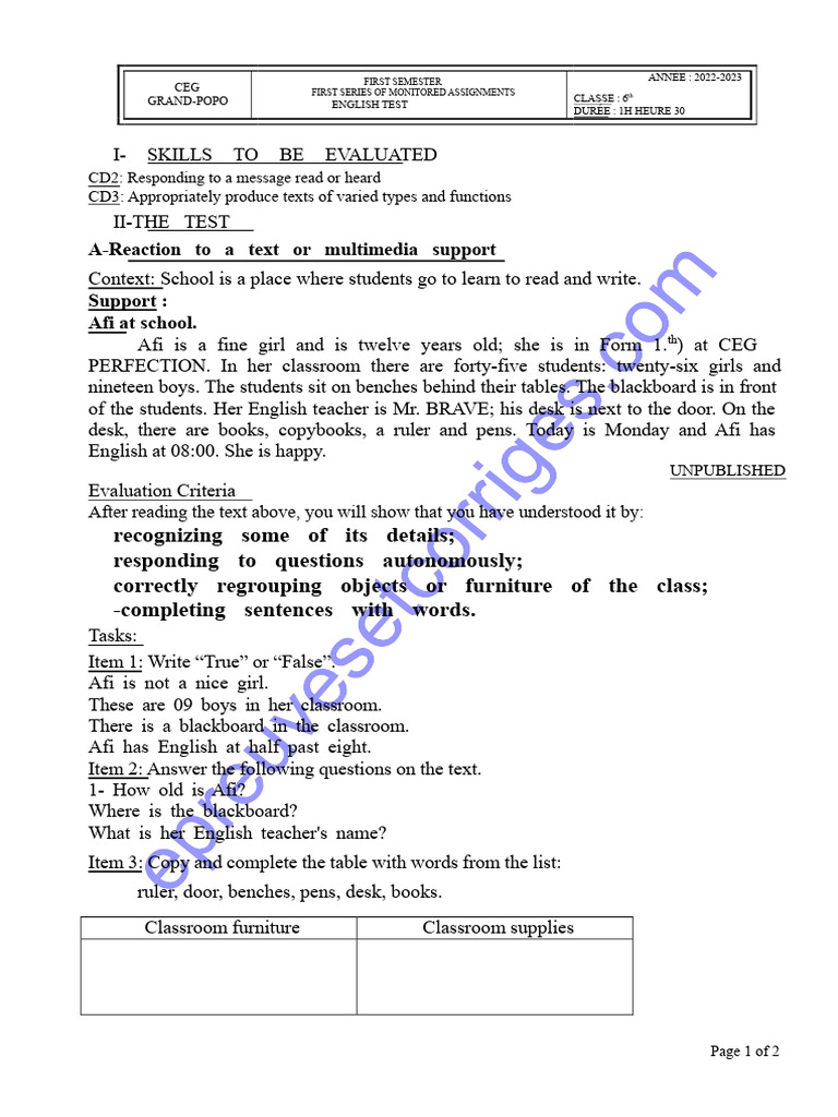 English 6TH Grade, First Assignment of The First Semester 2022-2023 Ceg ...