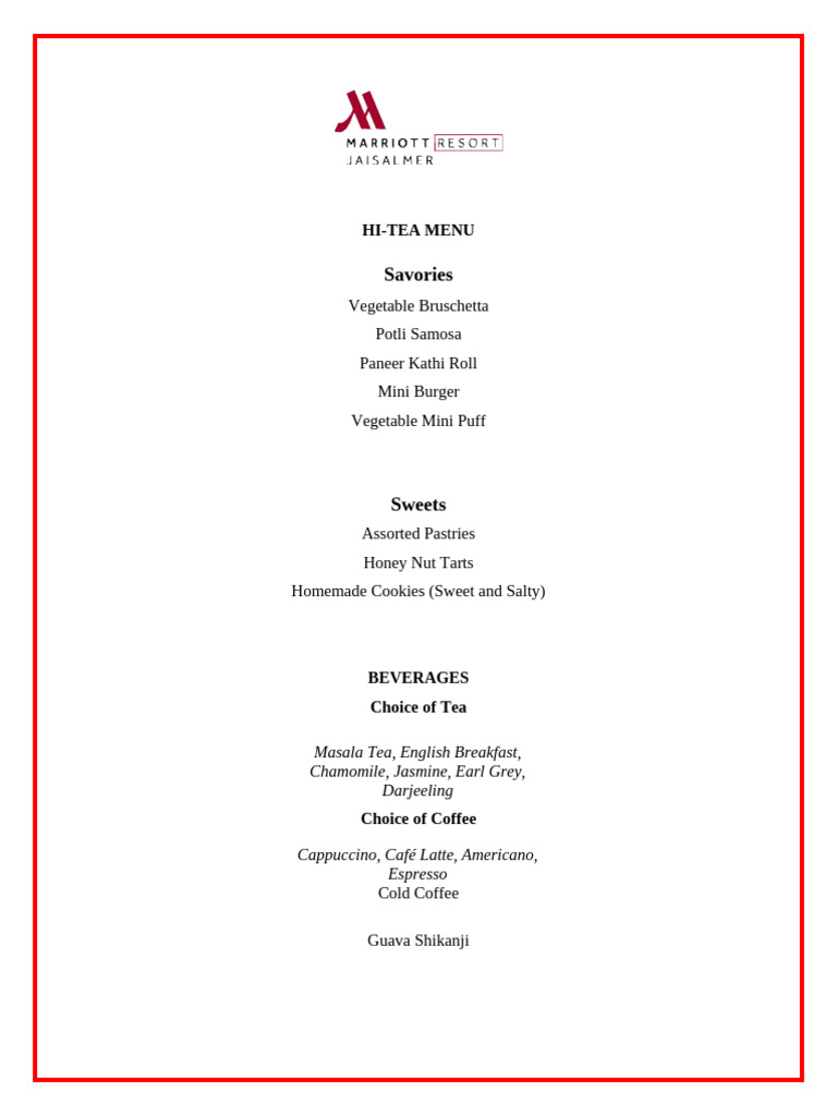 Hi-Tea and Rajasthani Menu Options | PDF