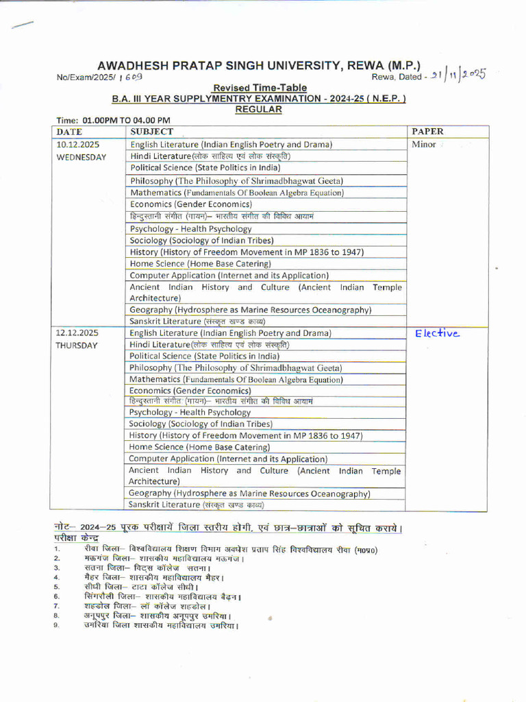 Ba BSC III Year Supply Revsied Time Table | PDF