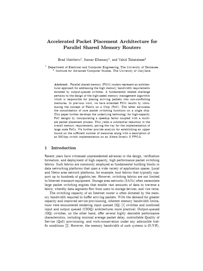 Accelerated Packet Placement Architecture For Parallel Shared Memory ...