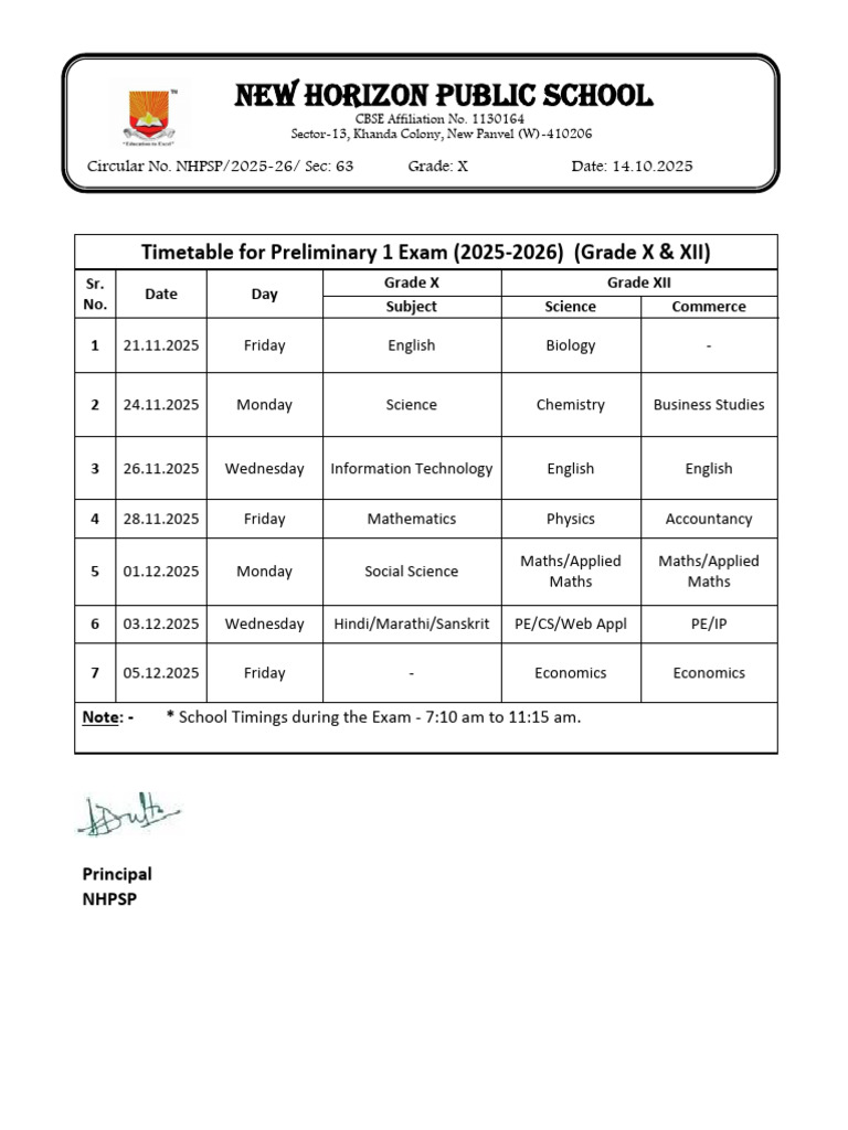 Timetable For Preliminary 1 Exam - Sec (63) - 2025-26 - Secondary X STD ...