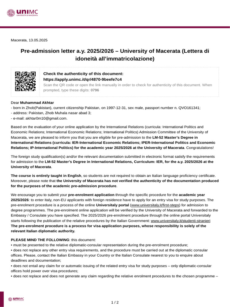 Pre-Admission Letter for UniMC Master's Program | PDF | Travel Visa ...