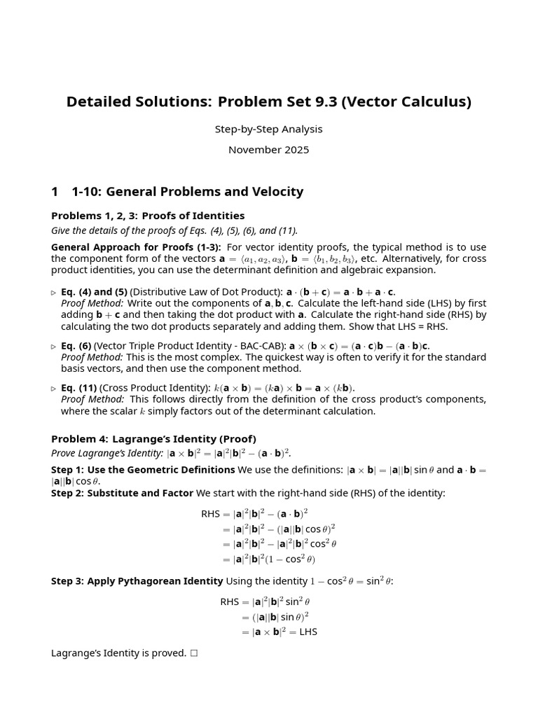 Detailed Solutions Vector Calculus Problem Set 9.3 | PDF | Euclidean Vector | Mathematical Physics