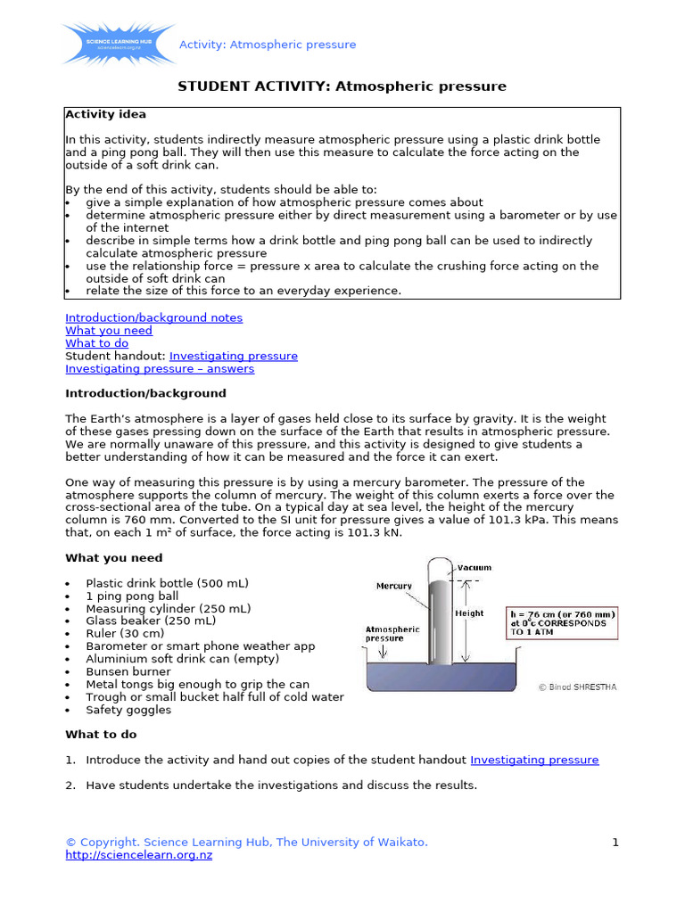 Measuring Atmospheric Pressure Activity | PDF | Pascal (Unit) | Pressure