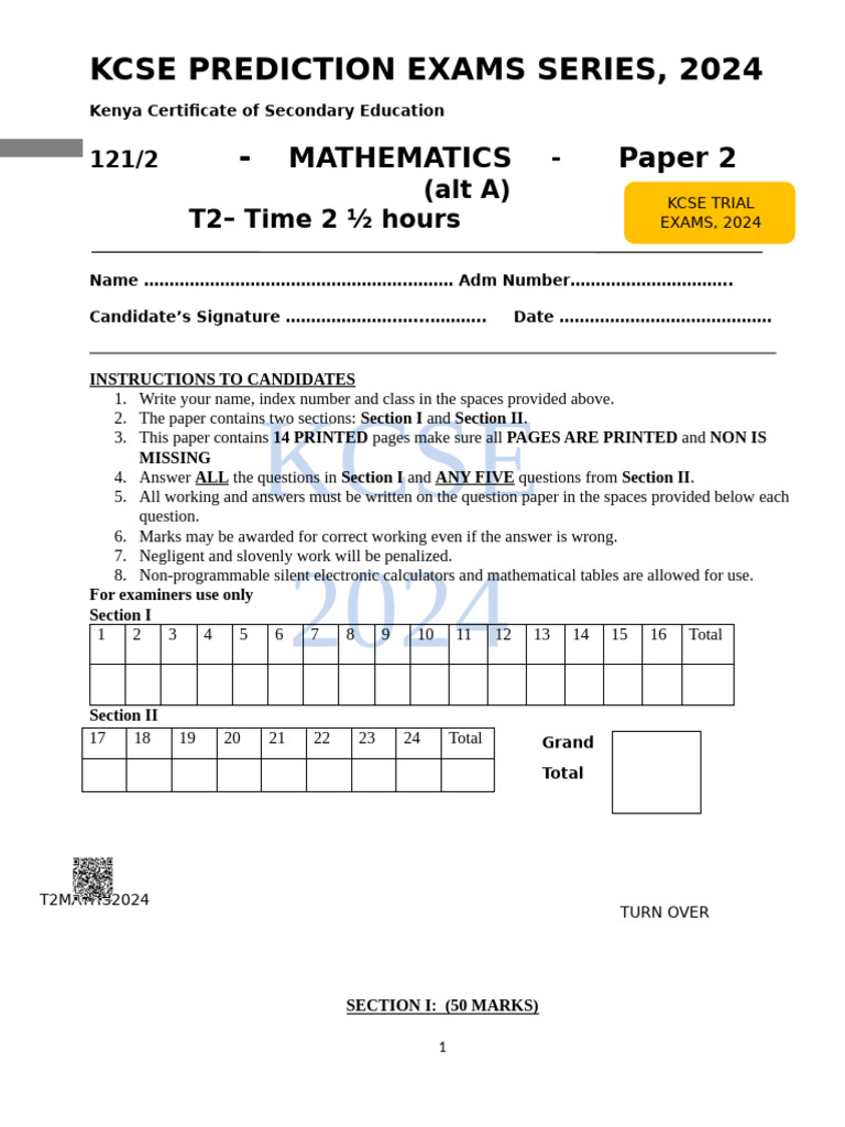Maths p2 KCSE Prediction | PDF | Area | Cartesian Coordinate System