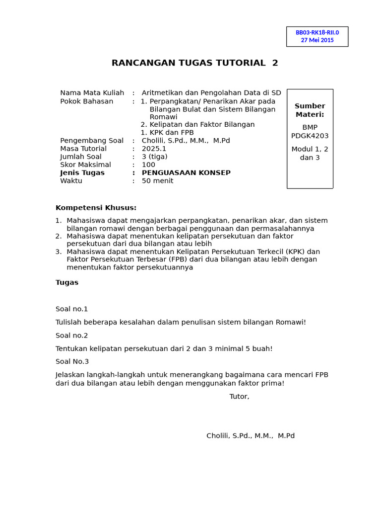 Rancangan Tugas Tutorial 2 Aritmetika Dan Pengolahan Data Di Sd | PDF