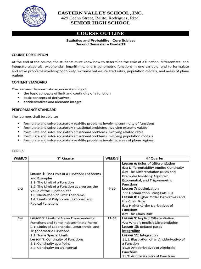 Course Outline Format 2nd Sem Basic CAl | PDF | Integral | Function ...