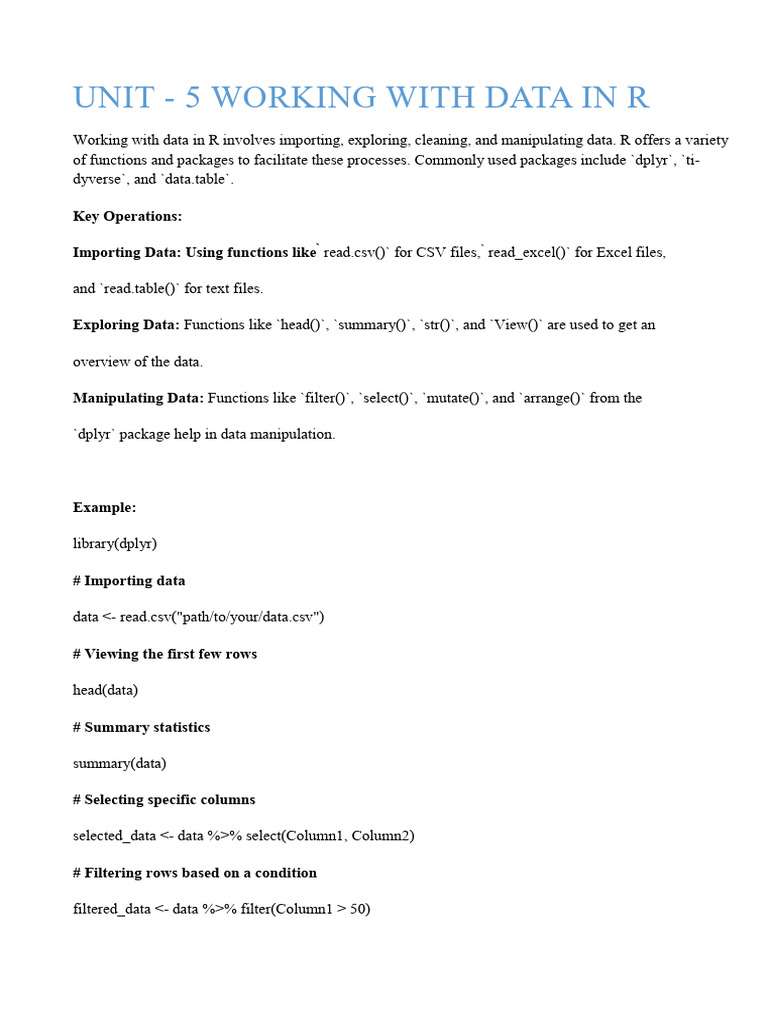 Unit-5 BCA(Regular) Data Manipulation in R | PDF | Mode (Statistics) | Database Index