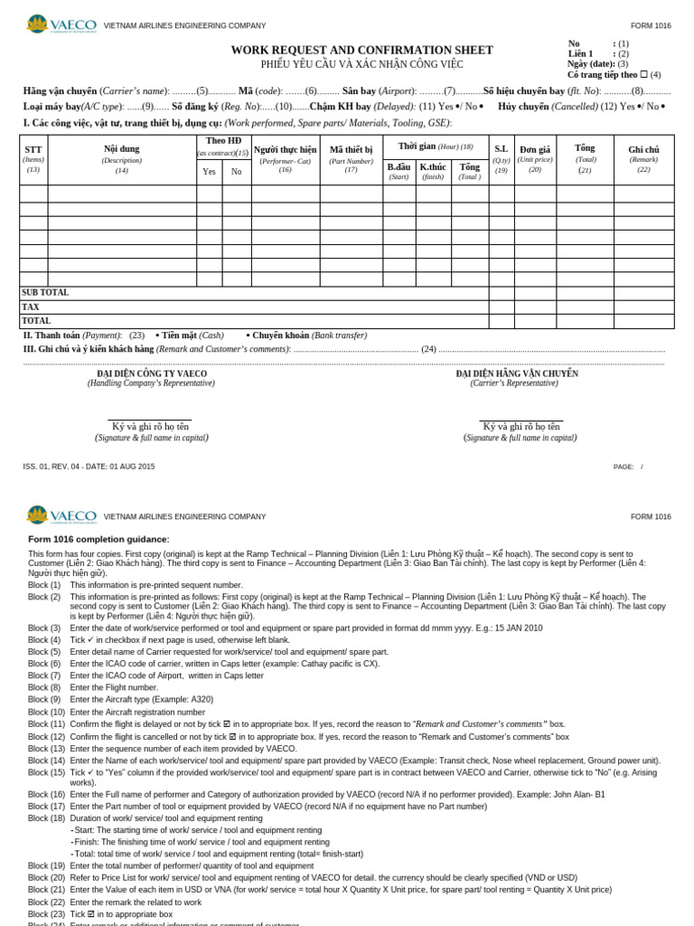Form 1016 Work Request and Confirmation Sheet | PDF | Aviation