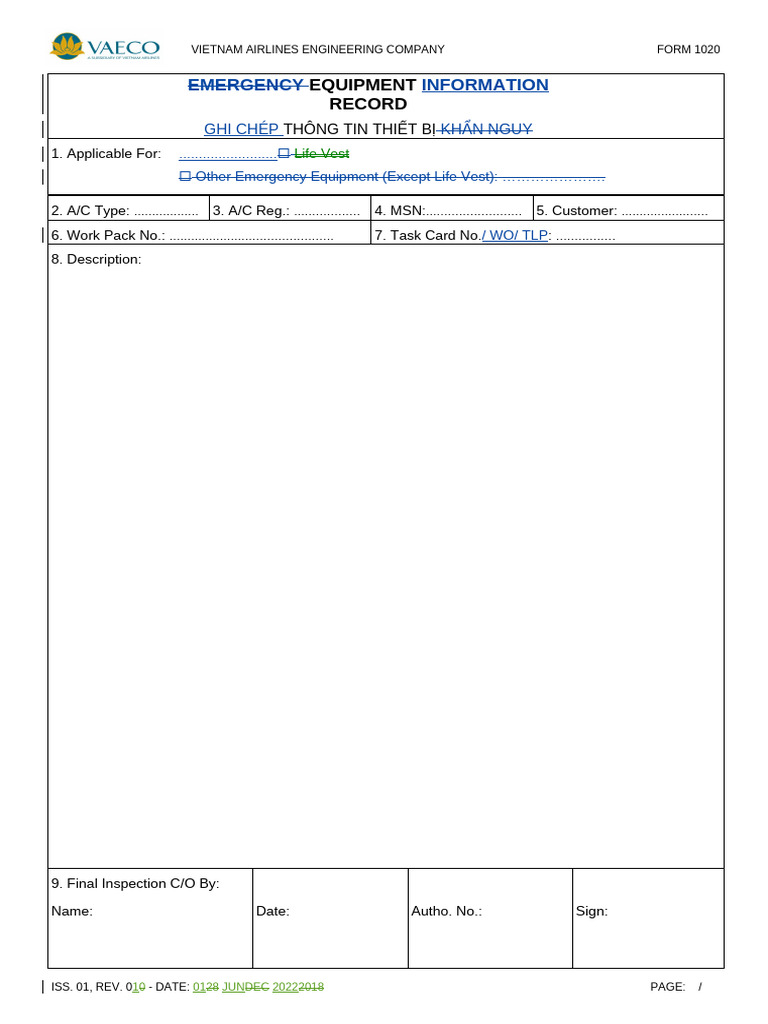 Form 1020 Equipment Information Record | PDF