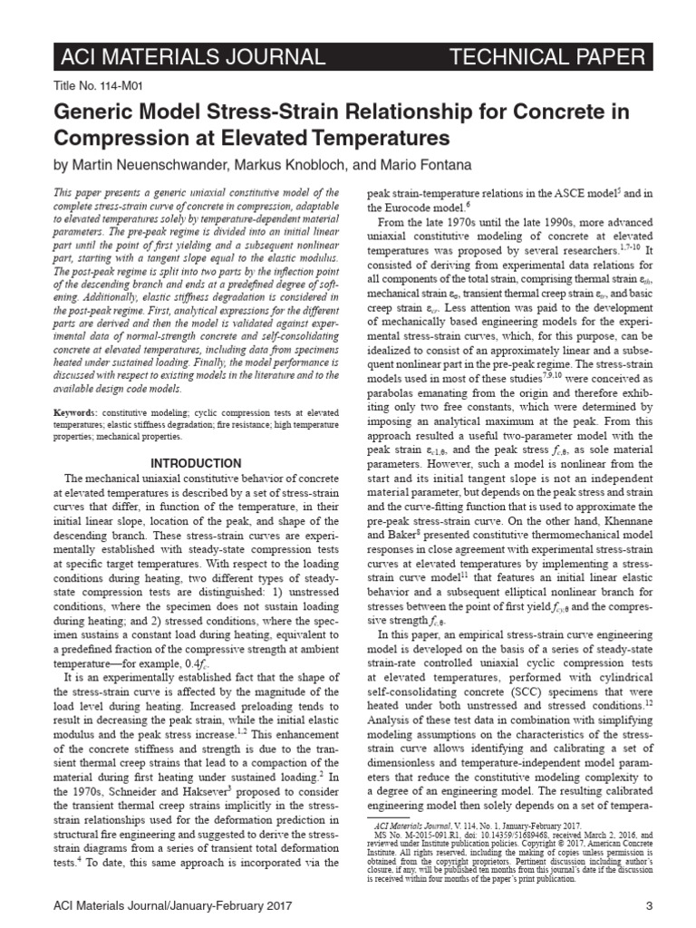 Generic Model Stress-Strain Relationship For Concrete in Compression at Elevated Temperatures ...