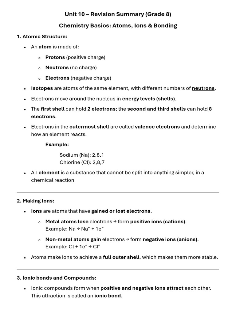 Grade 8 Chemistry: Atoms & Bonds Summary | PDF | Ion | Chemical Bond