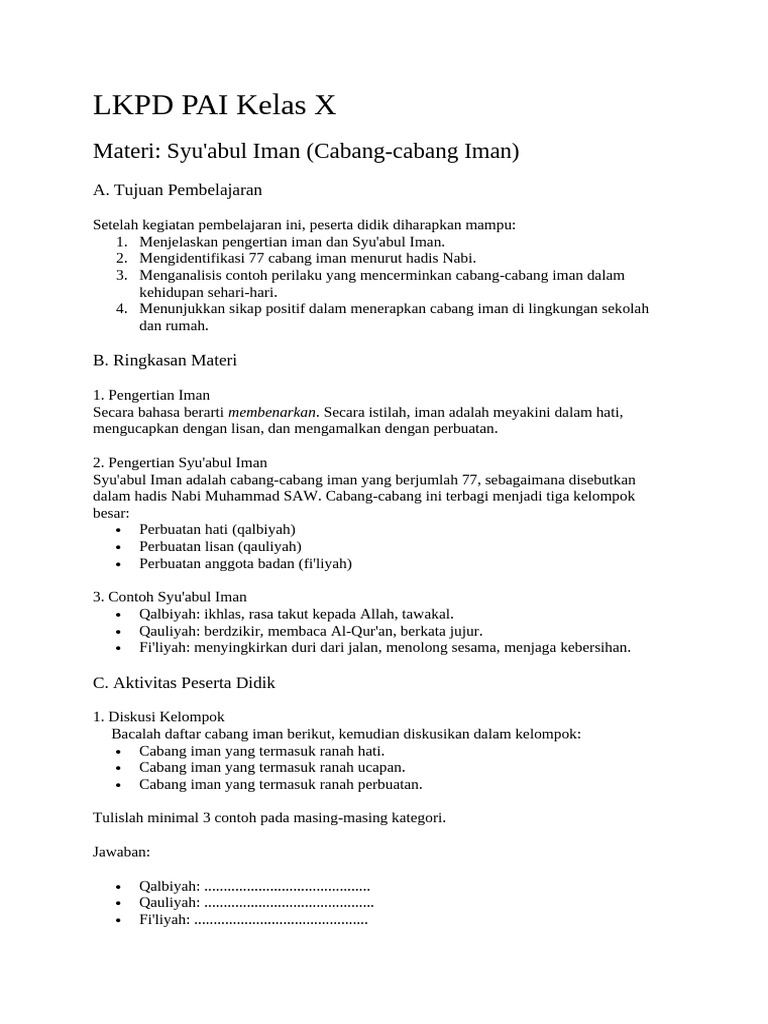LKPD PAI Kelas X Syu'Abul Iman | PDF