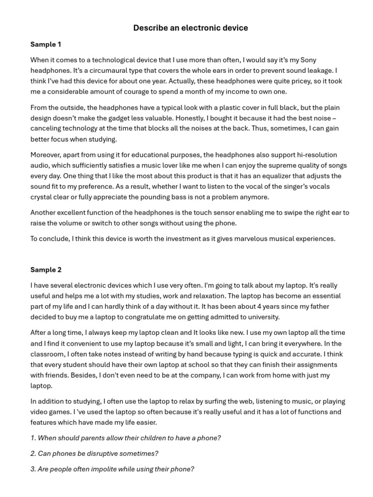 Describe An Electronic Device - Sample | PDF | Headphones | Sound