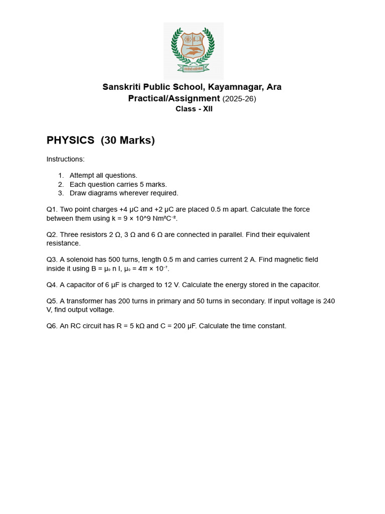 Class 12th Practical-Assignment (PCBM) | PDF | Electricity ...