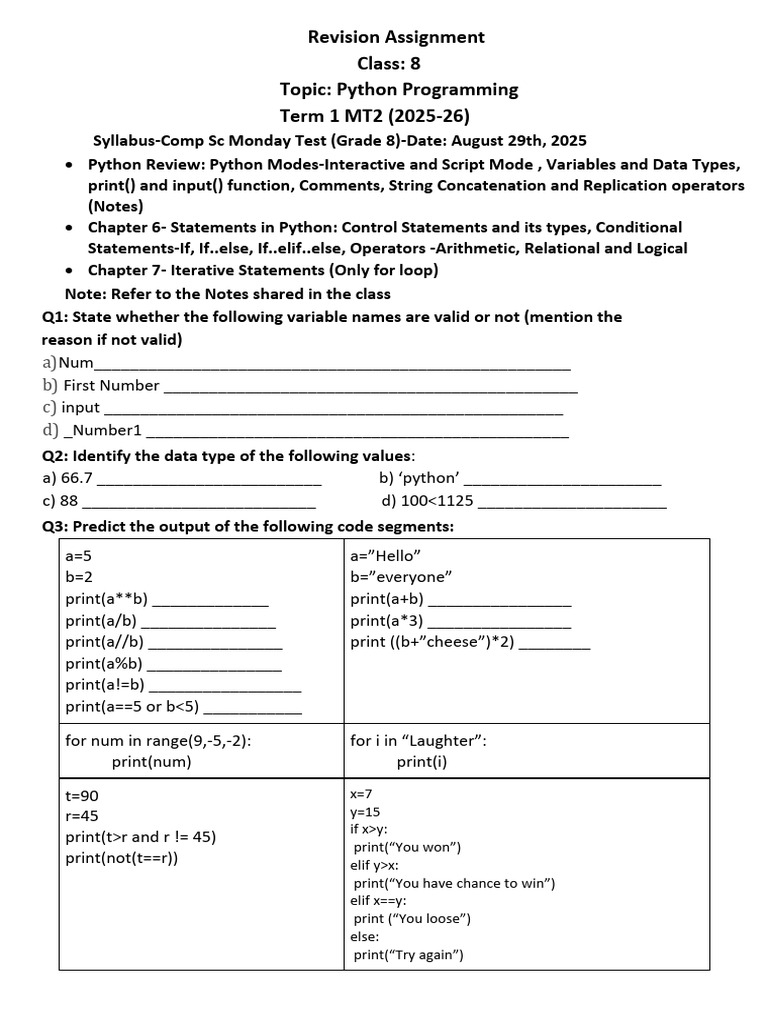 Revision Sheet For Python Test | PDF | Python (Programming Language ...