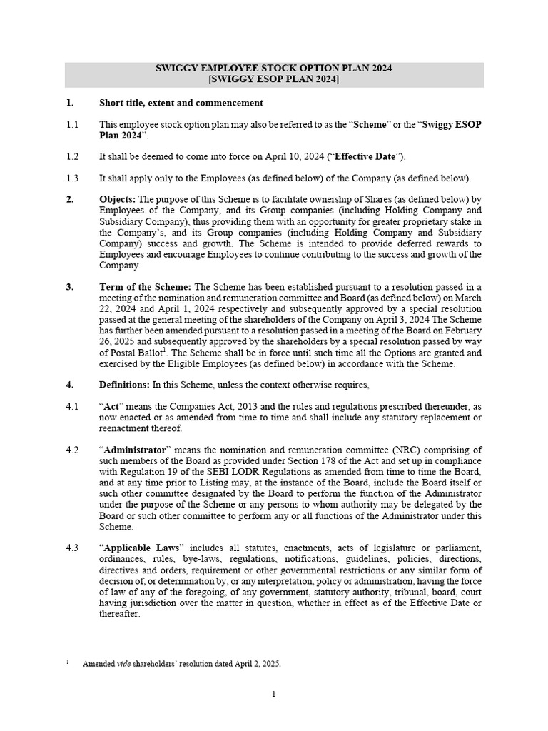 Swiggy ESOP 2024 Plan | PDF | Vesting | Option (Finance)