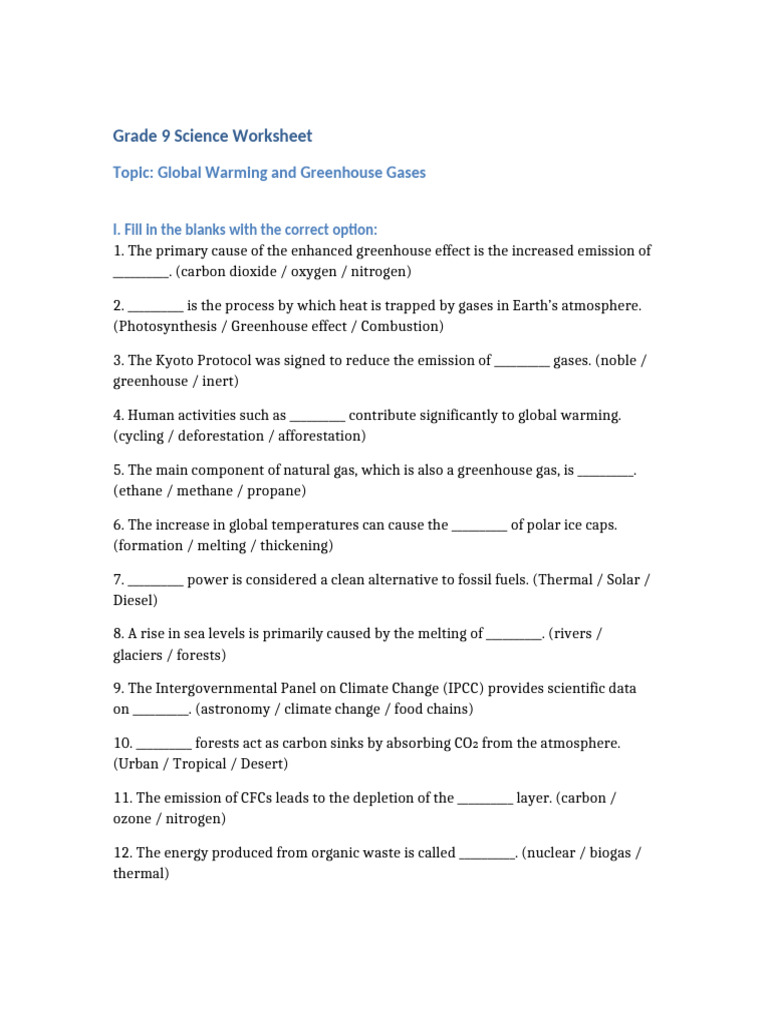 Grade 9 Global Warming Worksheet | PDF