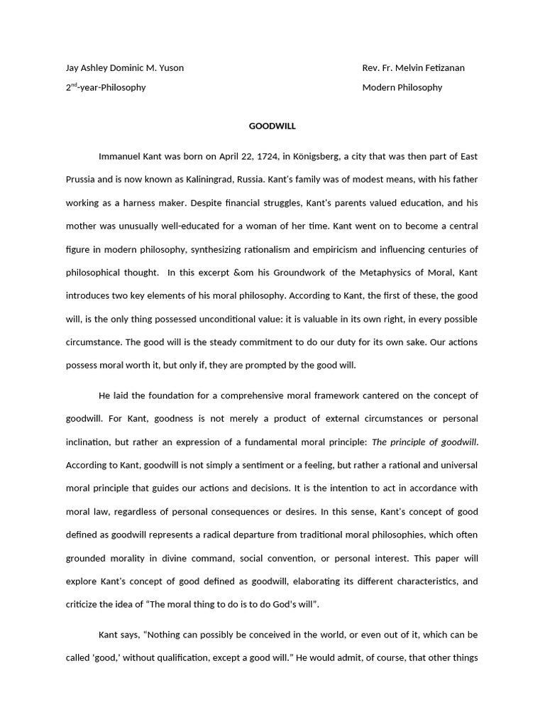 Goodness as Goodwill | PDF | Immanuel Kant | Reason
