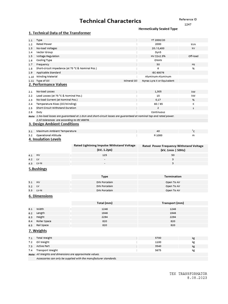 2000kVA 20-0.400kV Dyn5 Alu Windings Tier 2 With DMCR 28.07.2023 | PDF ...