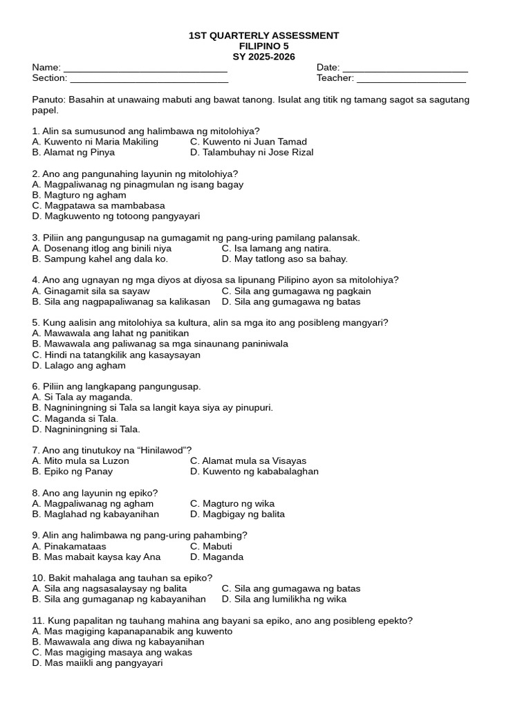 Filipino 5 - 1st Periodic Test - Depedclick | PDF
