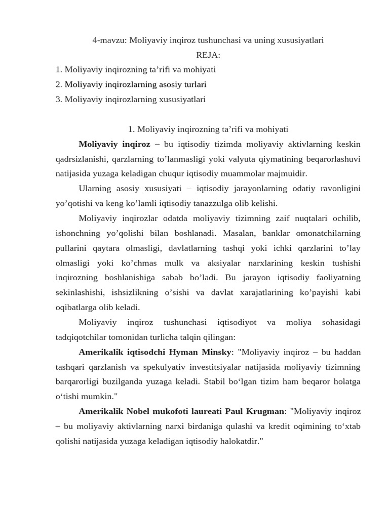 4-Mavzu Moliyaviy Inqiroz Tushunchasi Va Uning Xususiyatlari | PDF