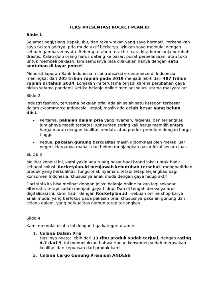 TEKS PRESENTASI ROCKET PLAN | PDF