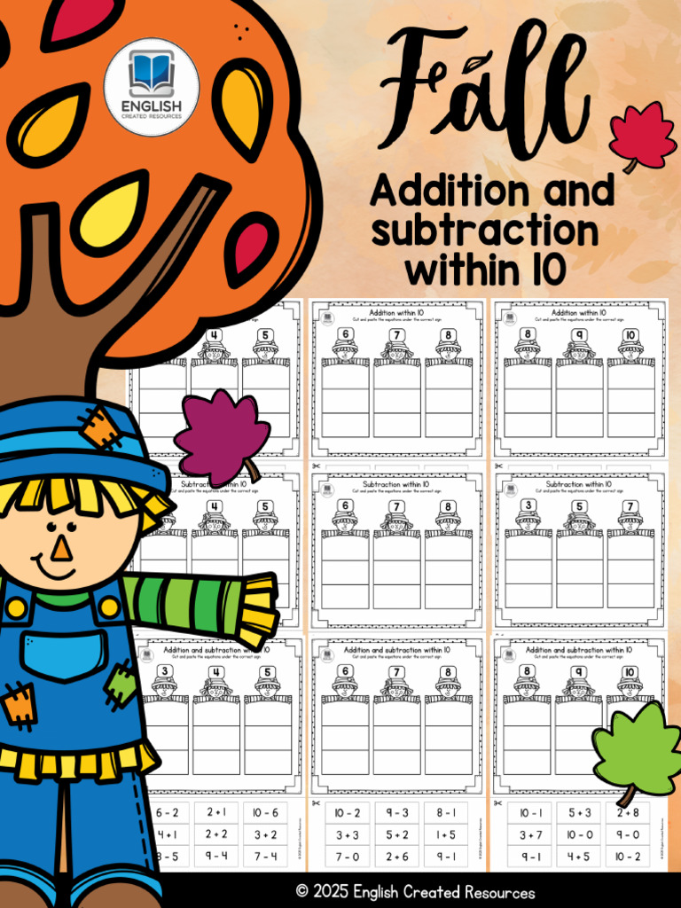 Fall Addition and Subtraction Within 10 Copyright 2025 English Created ...
