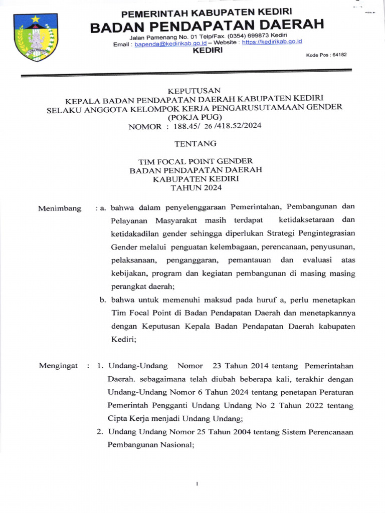 Tim Focal Point Gender Bapenda Kediri | PDF