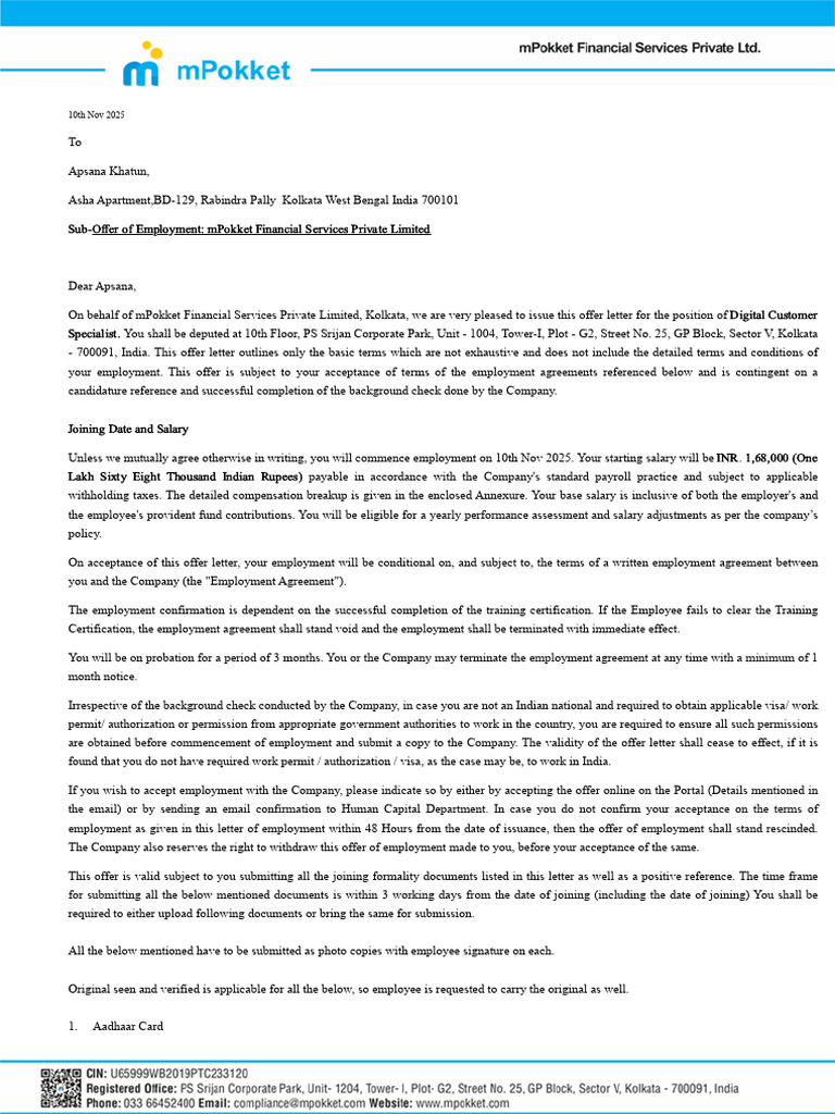 B18dfe Offer Letter 20251110 135040 | PDF | Employment | Travel Visa