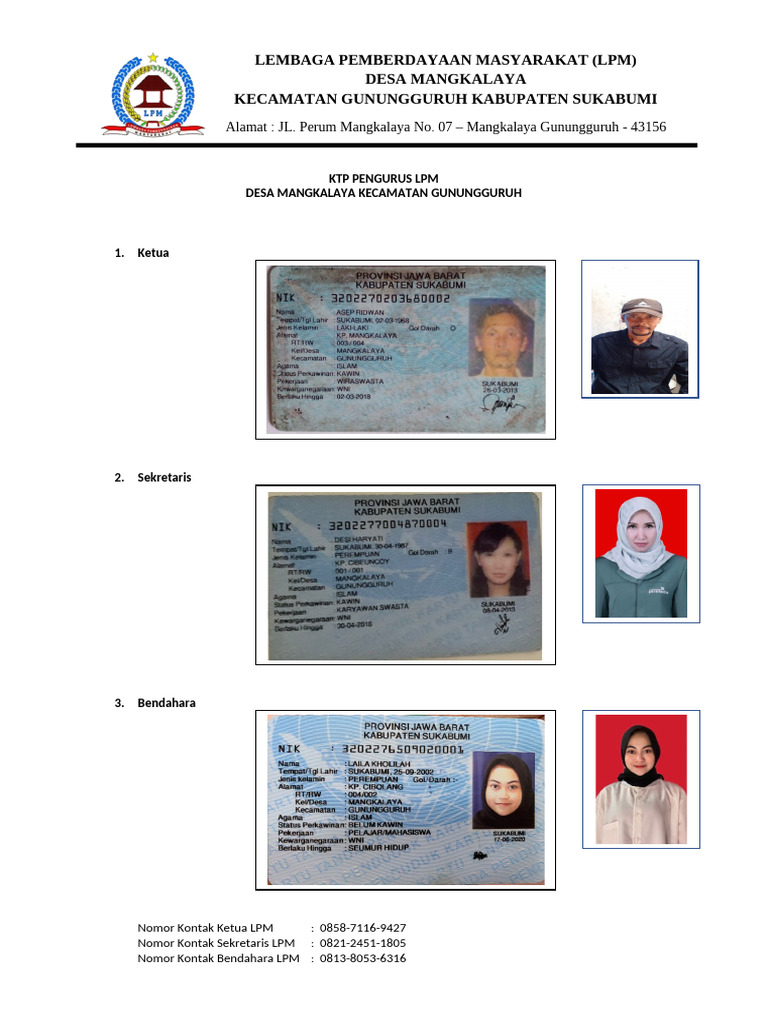 Kontak Pengurus LPM Desa Mangkalaya | PDF