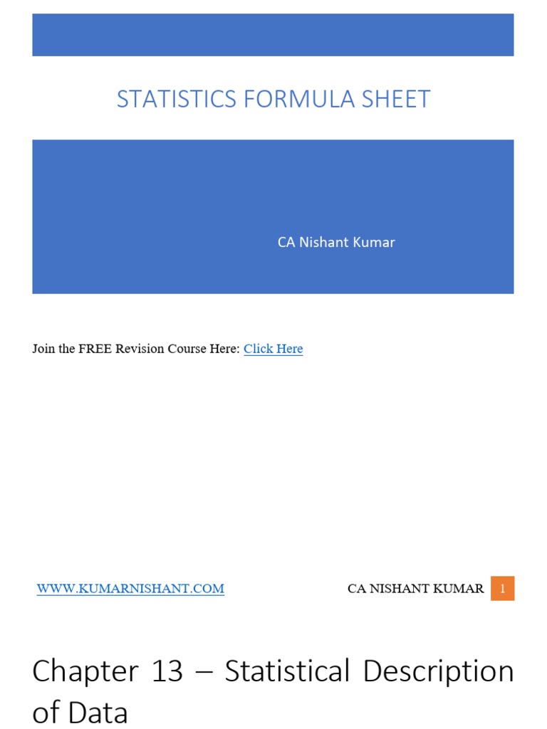 Statistics Formula Sheet for CA Exam | PDF | Mean | Statistics