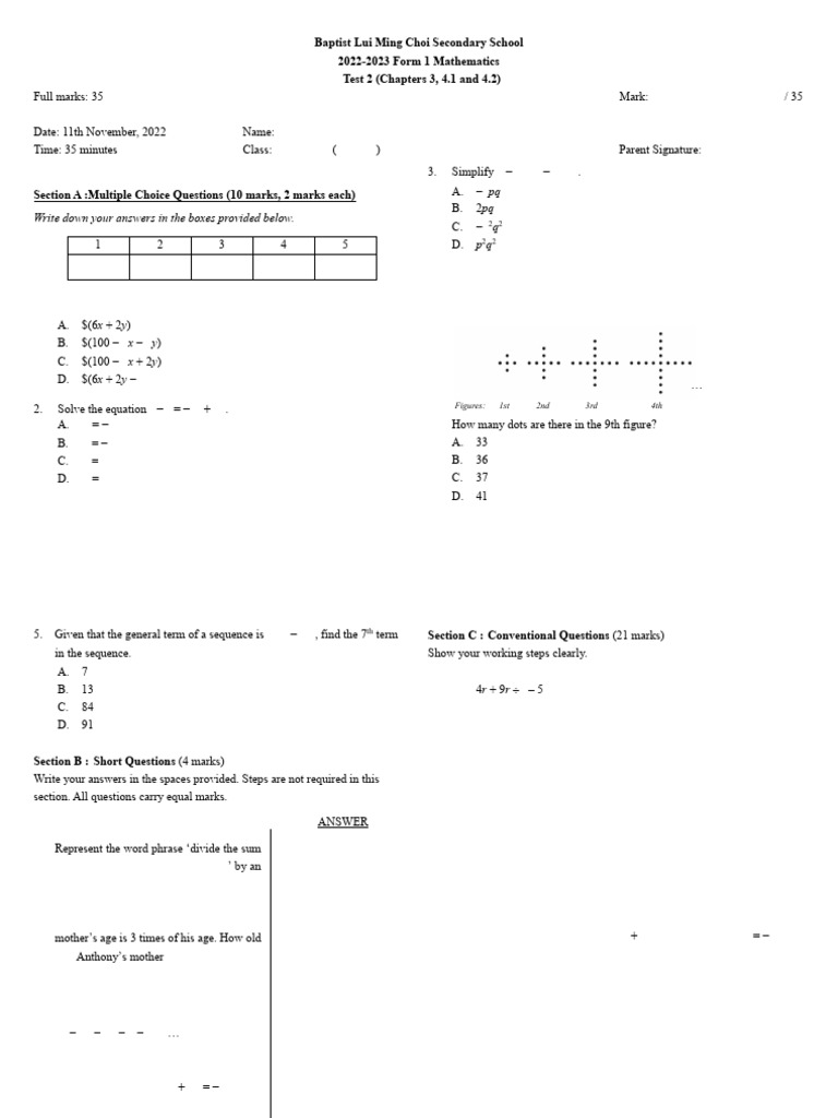Form 1 Math Test 2 - Baptist Lui School | PDF | Equations | Elementary ...