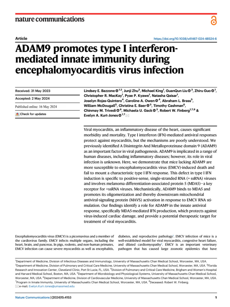 ADAM9 Promotes Type I Interferon-Mediated Innate Immunity During ...