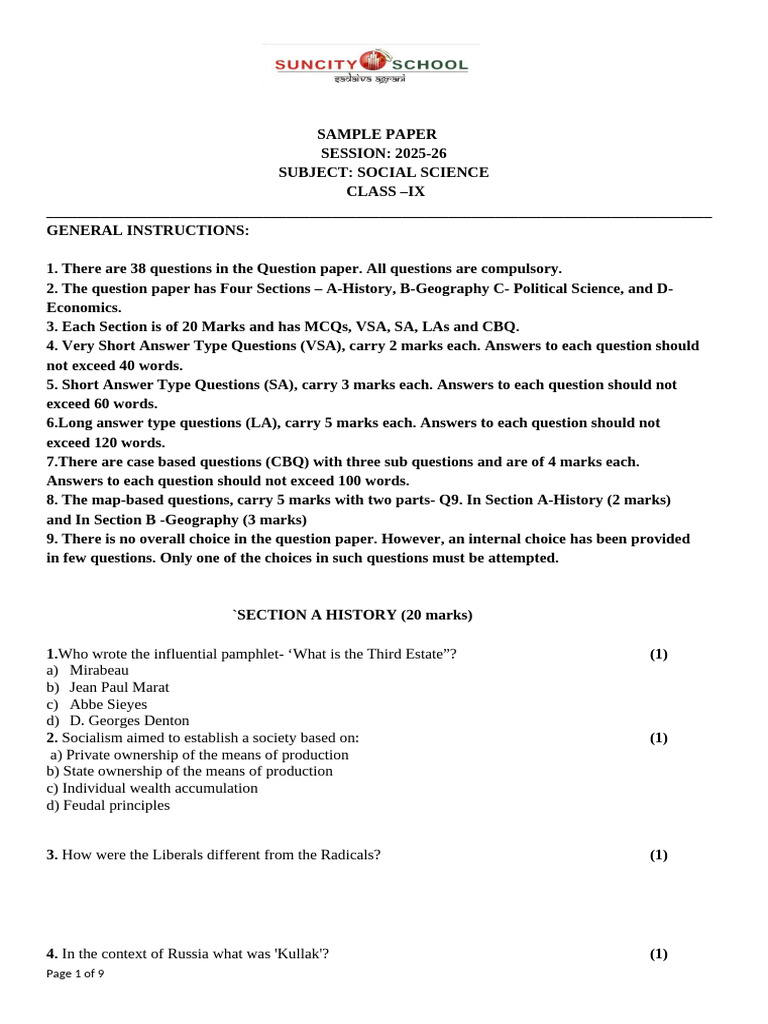 Class IX Social Science Sample Paper | PDF