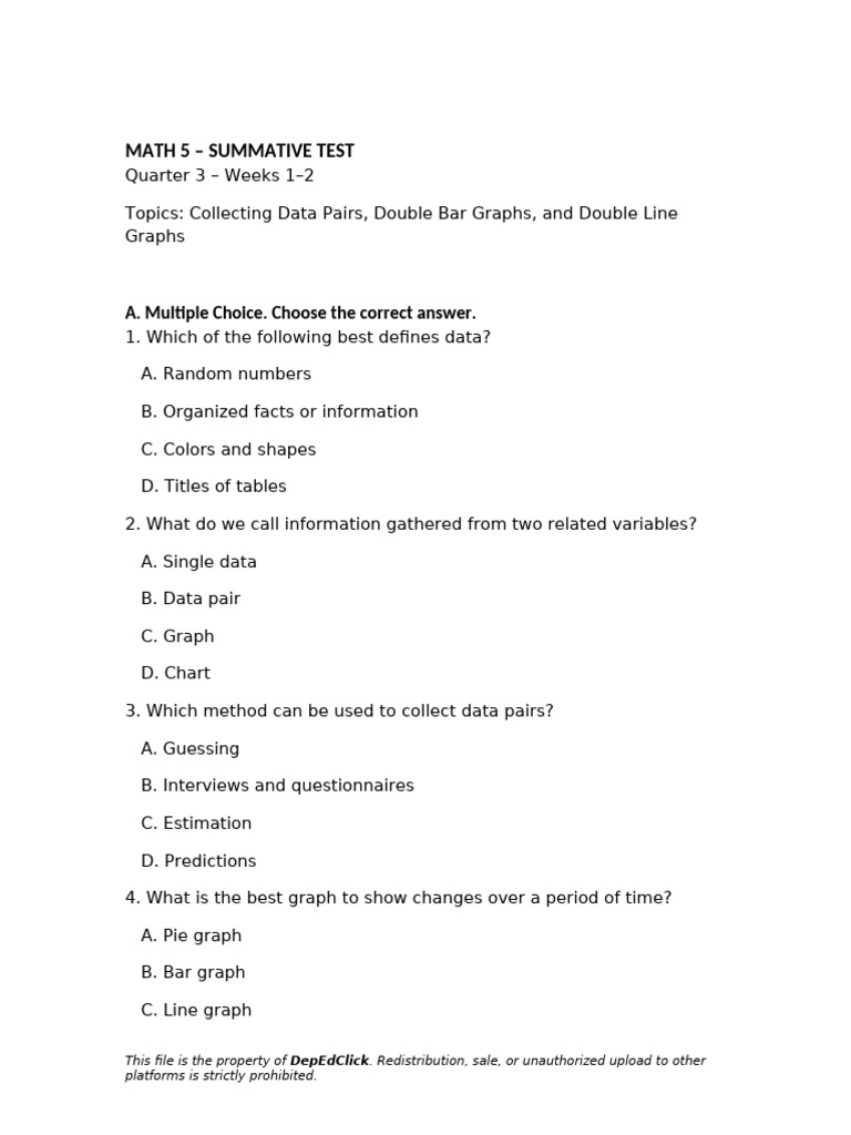 Math 5 Summative Test: Data & Graphs | PDF | Pie Chart | Chart