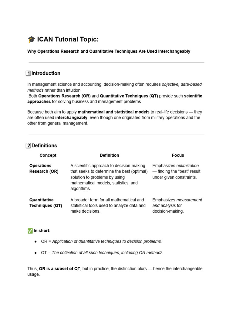 ? ICAN Tutorial Topic_ORvsQT | PDF | Operations Research | Quantitative ...