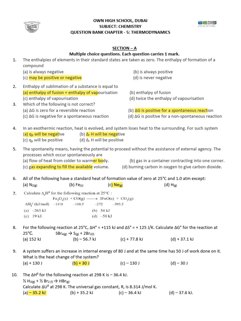 Chemistry Question Bank: Thermodynamics | PDF | Enthalpy | Gibbs Free ...