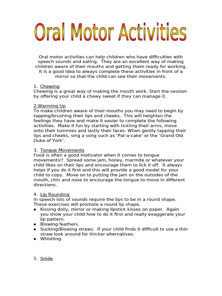 Oral Motor Activities for Kids' Speech | PDF
