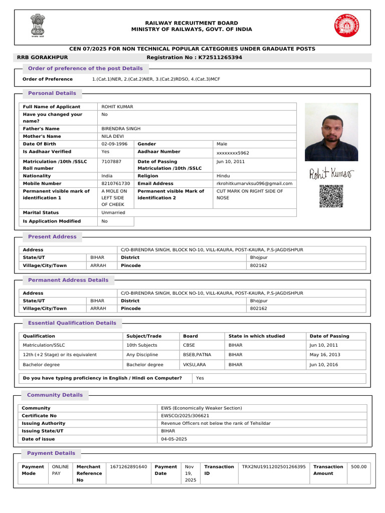 Order of Preference of The Post Details: Railway Recruitment Board ...