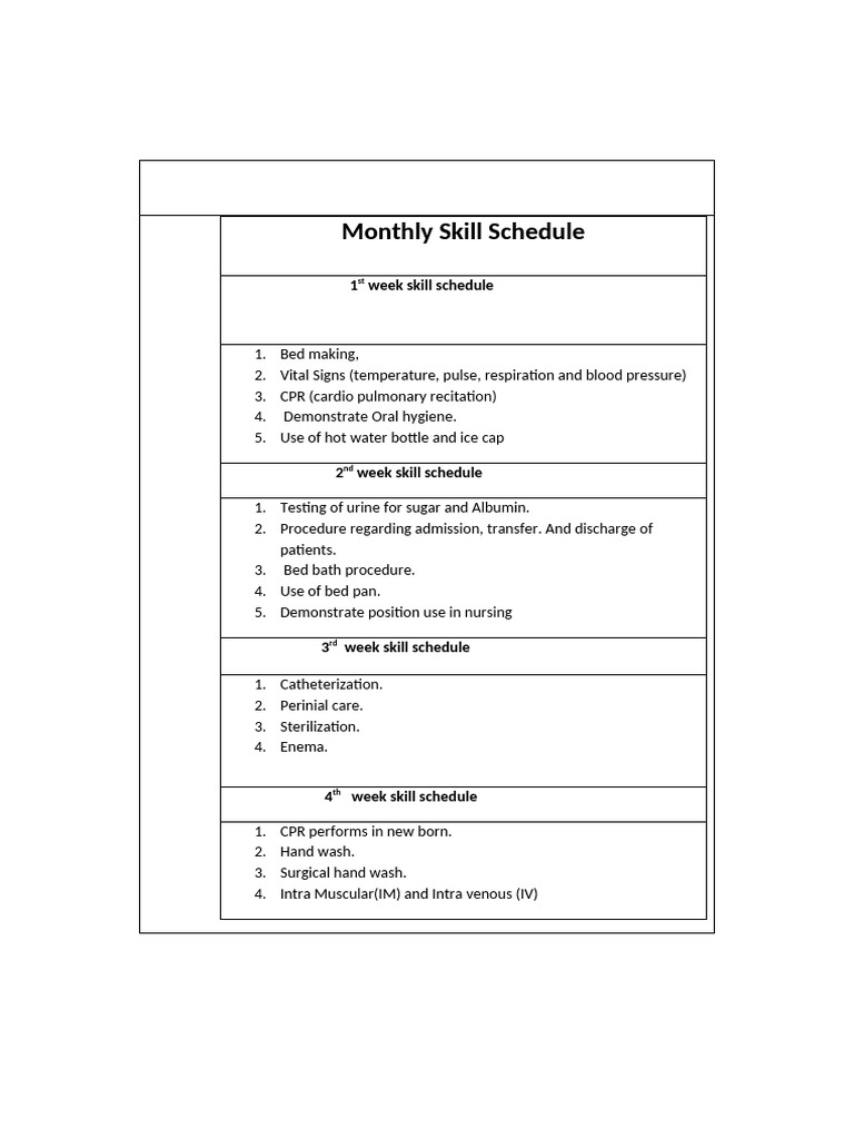 Monthly Nursing Skills Training Schedule | PDF