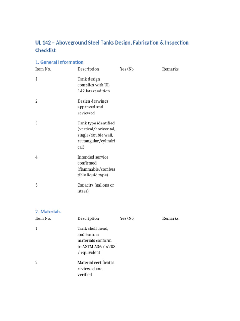 UL 142 Tank Design Checklist | PDF | Welding | Construction