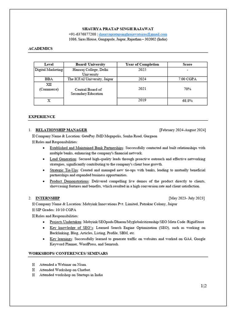 Shaurya Pratap Singh Rajawat - CV - Shaurya Pratap Singh Rajawat | PDF | Search Engine ...