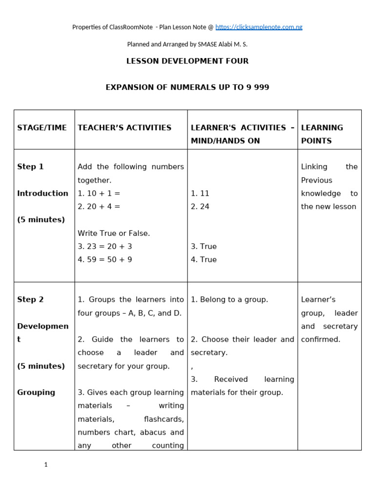 Lesson Plan: Expanding Numerals 0-9999 | PDF | Learning | Cognition