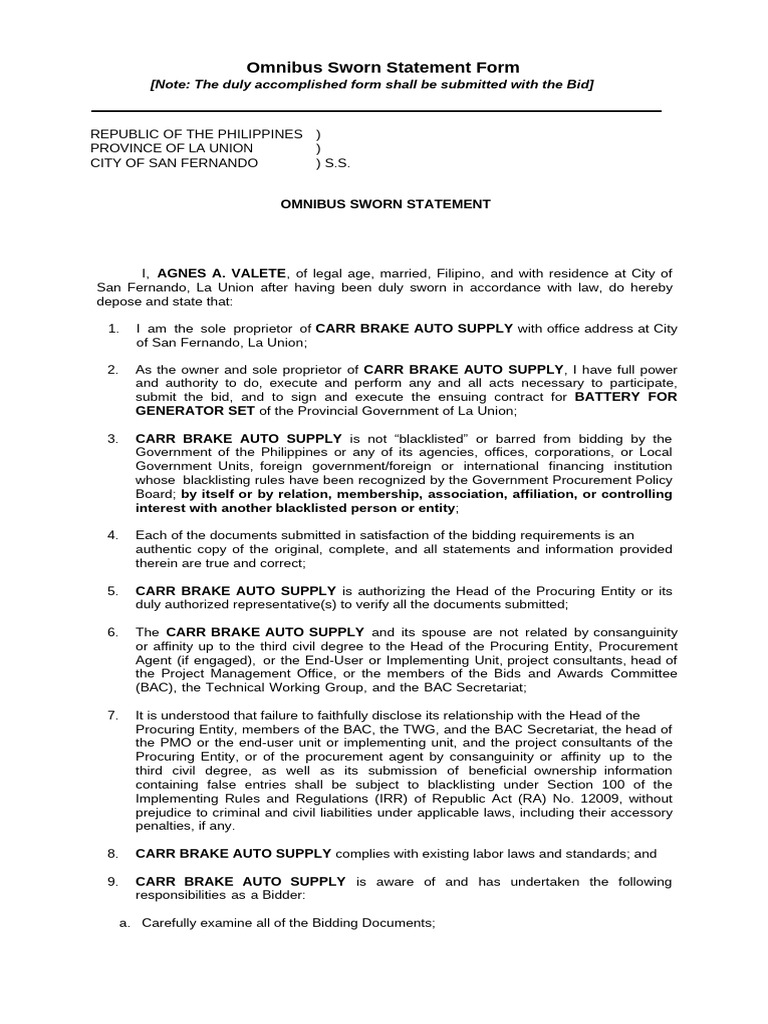 Omnibus Sworn Statement Form - NGPA Version | PDF | Common Law | Justice