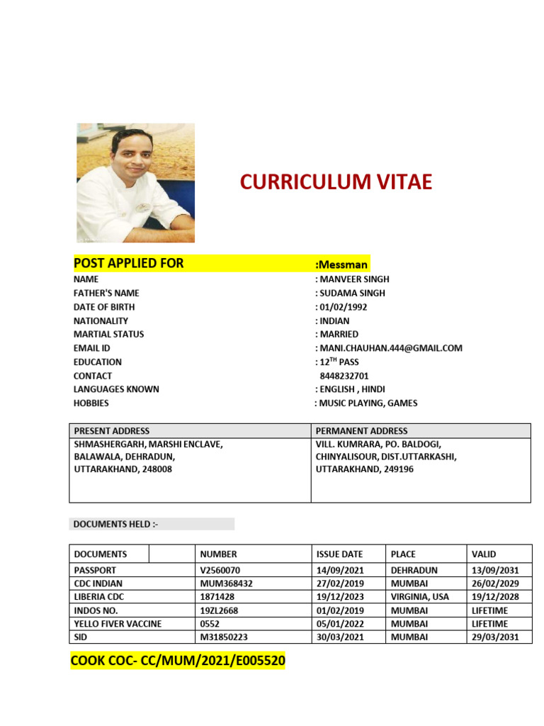 Manveer Singh's Messman CV | PDF