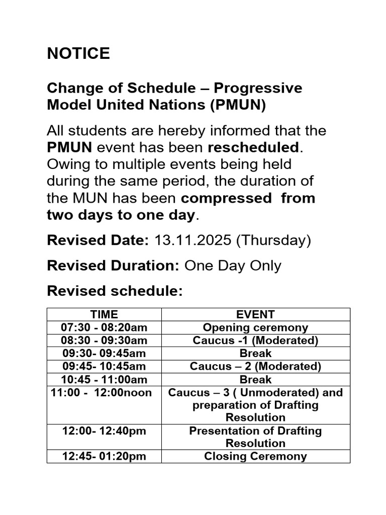 PMUN Schedule Change Notice 2025 | PDF
