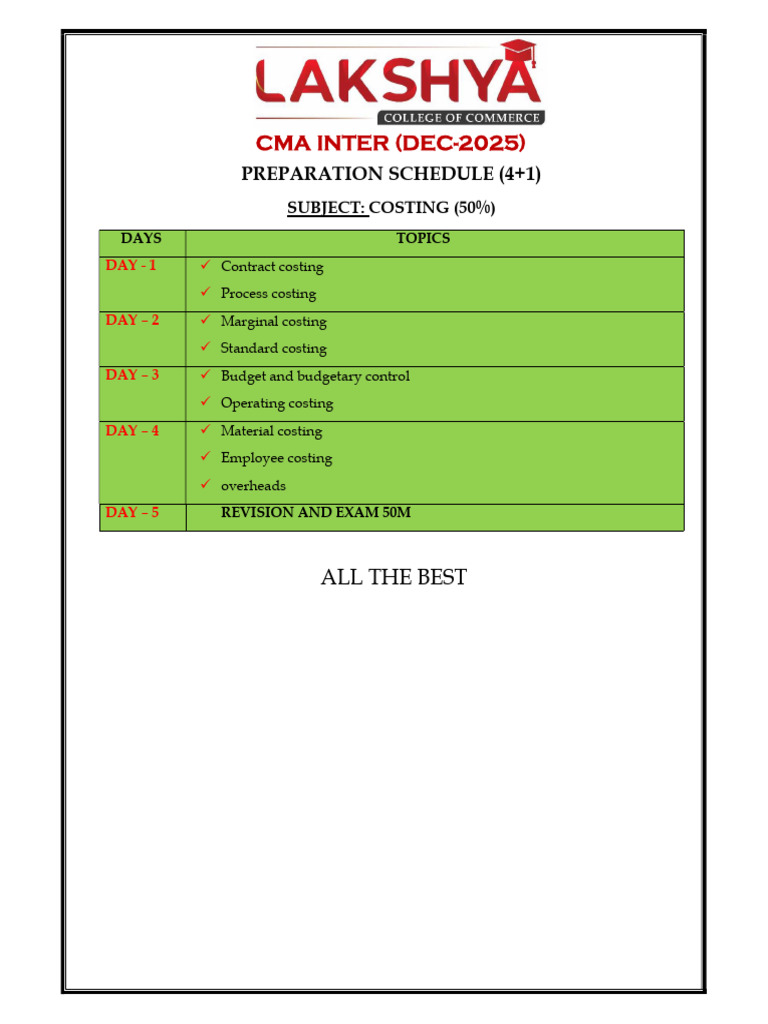 CMA Inter Costing Prep Schedule | PDF